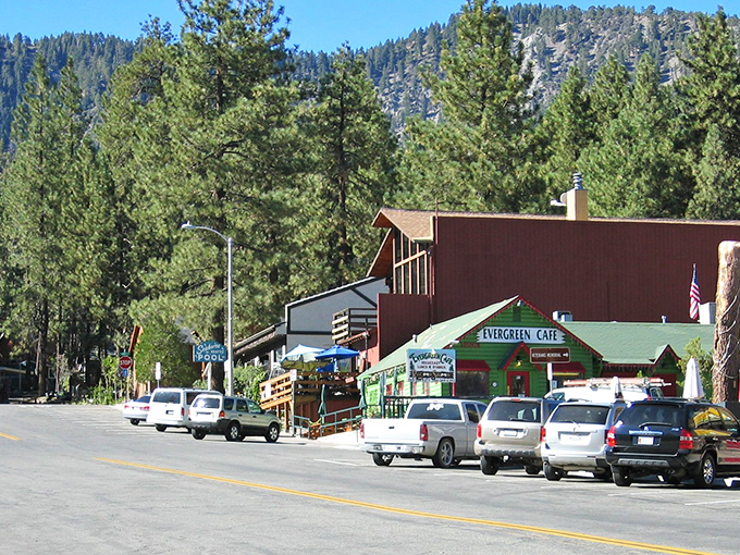 Golden hour transforms Wrightwood's main street into a scene straight from your favorite comfort movie.