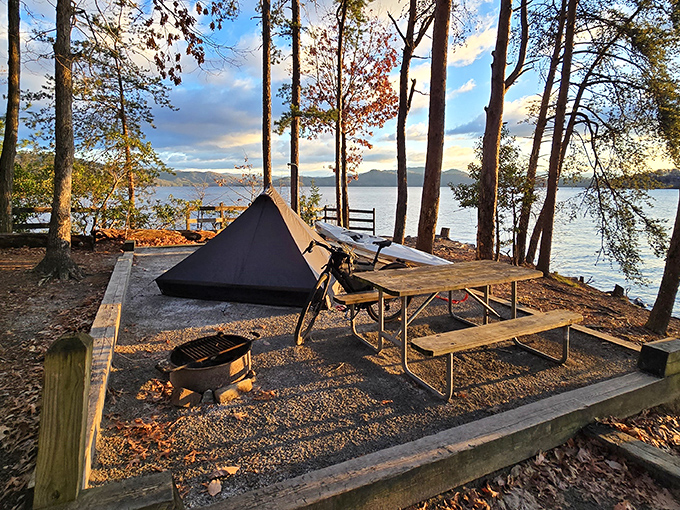 Lakeside camping perfection: Where your morning coffee comes with a side of breathtaking views and the gentle lapping of Lake Jocassee's crystal waters.