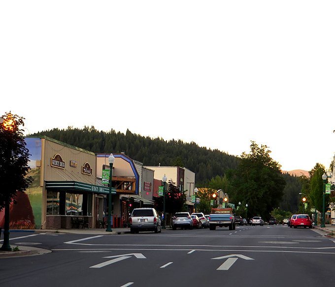 Downtown Quincy at dusk, where the Sierra Nevada mountains cradle a Main Street that hasn't surrendered to chain stores or big-city pretensions.