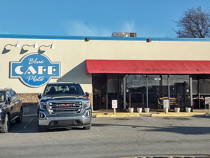 Another angle of Blue Plate's modest storefront. Don't let the simple facade fool you - culinary magic happens inside these walls.