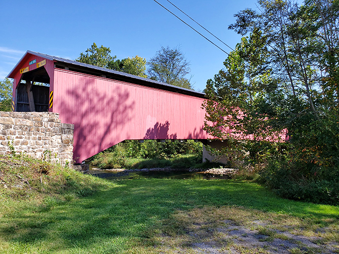 Nature's perfect frame for Adair's crimson beauty, where Sherman's Creek whispers stories beneath wooden beams that have witnessed generations of travelers.