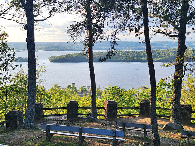 Nature's balcony view at Lake Guntersville State Park, where the water stretches like a blue carpet between Alabama's rolling hills.
