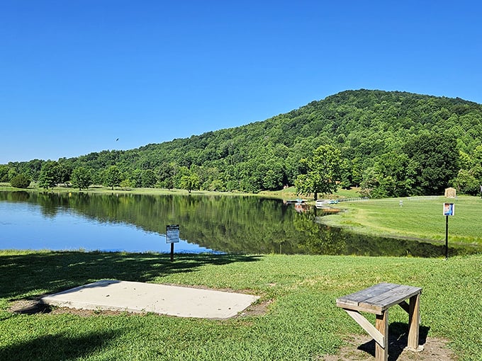 Mirror-like waters reflect the verdant hillside at Indian Mountain State Park, where nature seems to have perfected the art of the selfie.