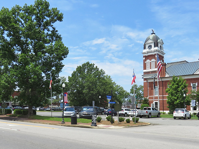 Downtown Sandersville greets visitors with a picture-perfect main street where historic brick buildings stand proudly against Georgia's famously blue skies.