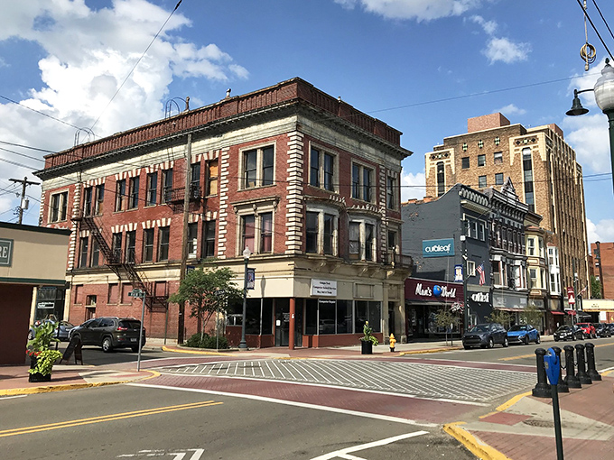 Historic brick buildings line Bradford's Main Street, showcasing the architectural charm that makes small-town America feel like a living postcard.