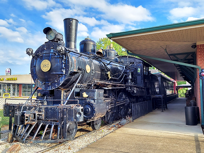 The mighty steam locomotive stands guard at the museum entrance, a gleaming black behemoth that practically whispers tales of America's railroad golden age.