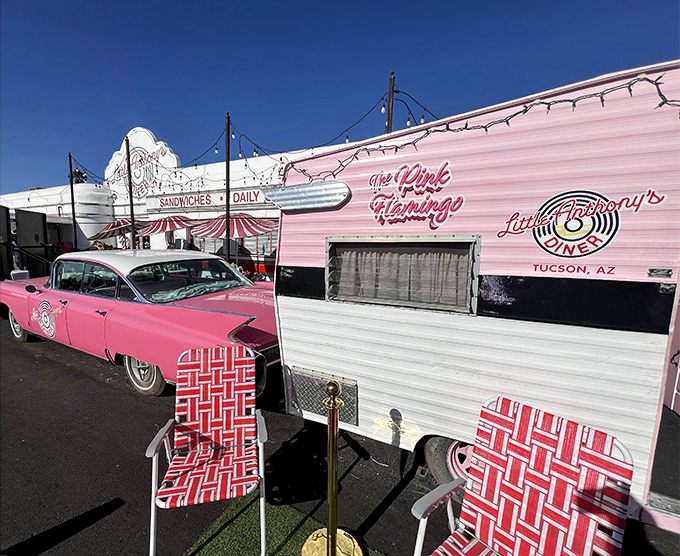 The Pink Flamingo trailer and classic Cadillac create the perfect time-travel portal. Tucson sunsets and 1950s chrome &ndash; a match made in nostalgic heaven.