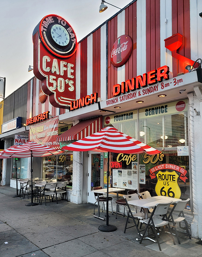 The neon-lit facade of Cafe 50's glows like a beacon for hungry time travelers on Santa Monica Boulevard. It's not just a sign&mdash;it's a promise.