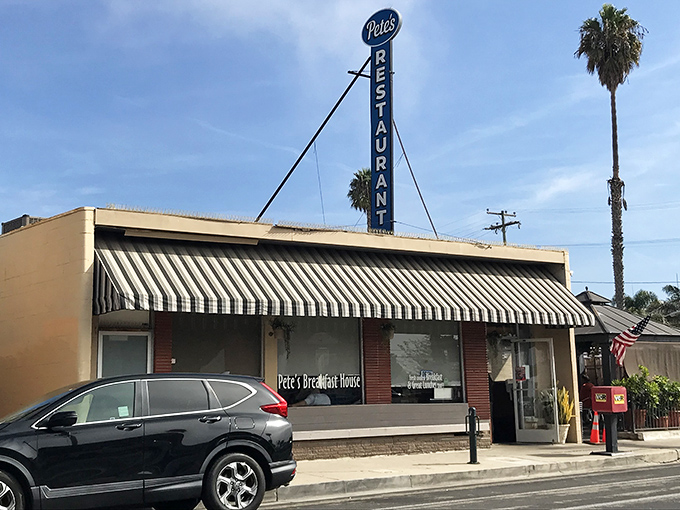 The classic blue-striped awning of Pete's Breakfast House stands like a beacon of hope for the morning-hungry masses of Ventura.