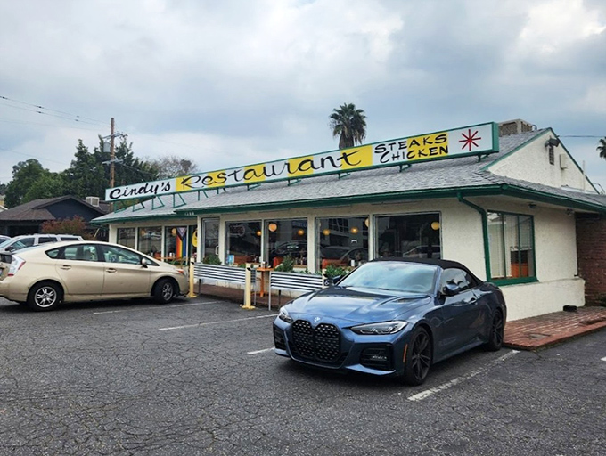Under moody California skies, Cindy's vintage signage promises simple pleasures that modern eateries often overcomplicate. Steaks and chicken&mdash;sometimes that's all you need.