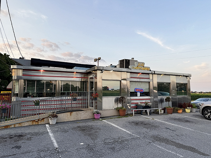The gleaming stainless steel exterior of Route 30 Diner shines like a beacon of hope for hungry travelers. Americana at its finest!