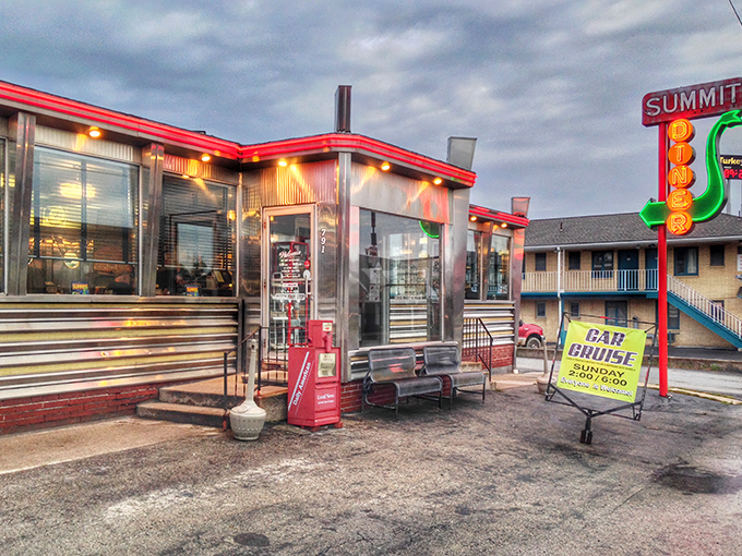 The Summit Diner's iconic neon sign glows like a beacon for hungry travelers, promising comfort food salvation just off Route 219.