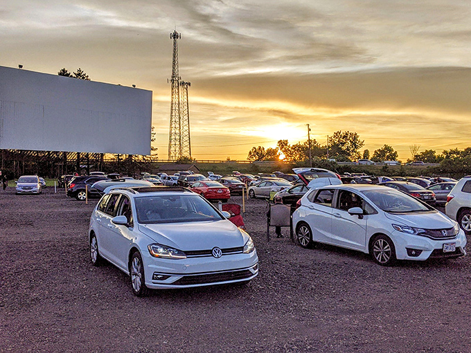 Sunset magic at the Aut-O-Rama, where modern cars line up for an experience their grandparents would recognize&mdash;some things just get better with time.