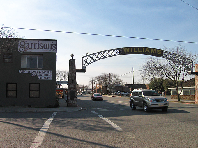 Downtown Williams showcases its historic charm with weathered brick facades and green-trimmed windows&mdash;architectural storytelling that whispers tales of California's agricultural past.