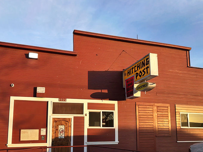 Bathed in golden California sunlight, the Hitching Post's rustic charm stands as a testament to substance over style. No fancy facade needed when what's inside sizzles this good.