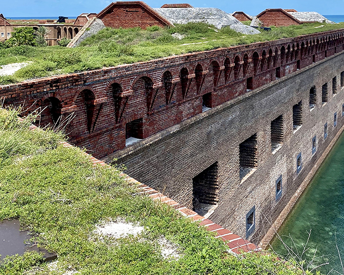 Where turquoise meets history: The moat surrounding Fort Jefferson creates a surreal border between 19th-century military engineering and nature's Caribbean palette.