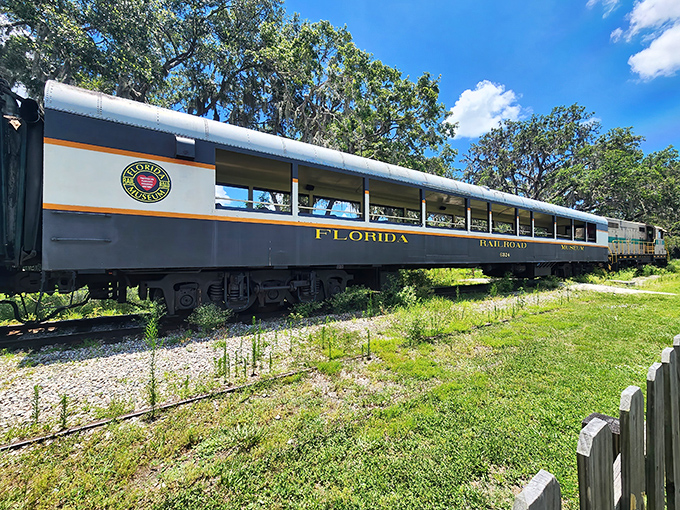 The classic passenger car of the Florida Railroad Museum stands proudly against a backdrop of Florida greenery, promising adventures on steel rails.