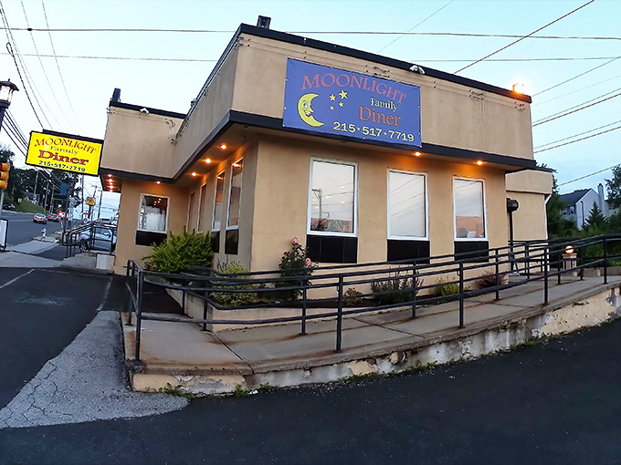 The iconic blue sign with its dreamy crescent moon beckons hungry travelers like a lighthouse for the breakfast-deprived.