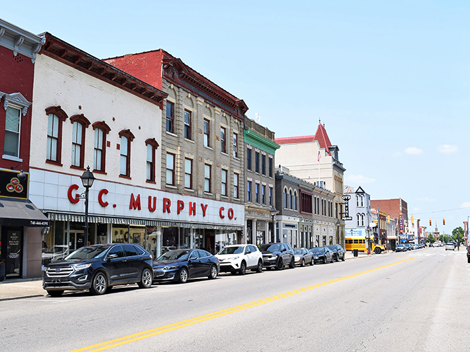 Historic storefronts along Second Avenue showcase Gallipolis' preserved architectural charm, where the iconic G.C. Murphy Co. sign stands as a nostalgic sentinel of simpler times.