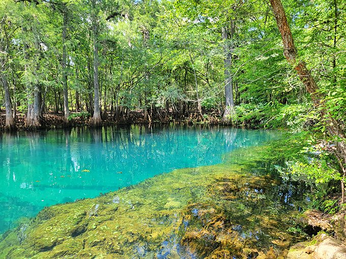 The wooden boardwalk stretches toward adventure, inviting visitors to discover what lies beyond the crystalline waters of Manatee Springs.