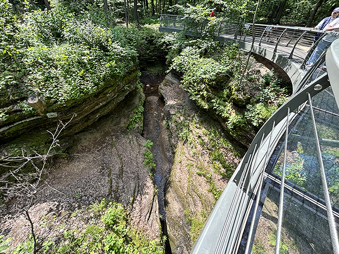 Nature's own Grand Canyon in miniature! The dramatic sandstone cliffs create a mesmerizing corridor that makes you feel like you've stumbled onto a movie set in rural Ohio.