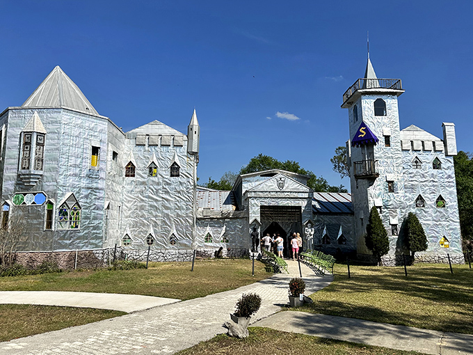 Like a medieval mirage rising from Florida's cattle country, Solomon's Castle gleams in the sunshine, proving that one person's recycled aluminum is another's royal palace.