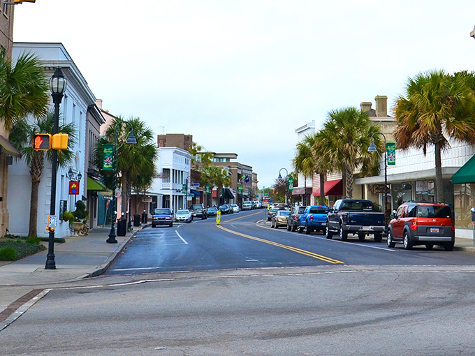Another view of downtown Beaufort where palm trees stand guard over colorful storefronts. The perfect setting for an impromptu shopping spree or leisurely stroll.