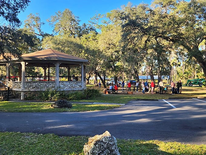 The pavilion at Dade Battlefield invites you to linger under century-old oaks. History and tranquility come together in this shaded gathering spot.