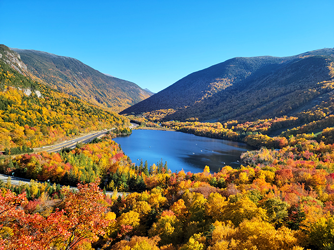 Mother Nature's masterpiece on full display. Echo Lake nestled between mountains ablaze with autumn colors makes your smartphone camera work overtime.