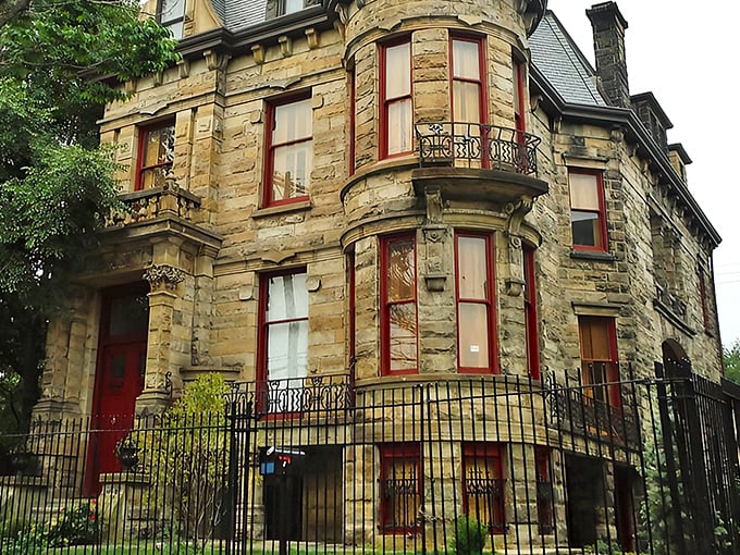 The full fa&ccedil;ade reveals the castle's impressive turrets and balconies &ndash; Victorian-era "curb appeal" that still stops traffic in Cleveland's Ohio City neighborhood.