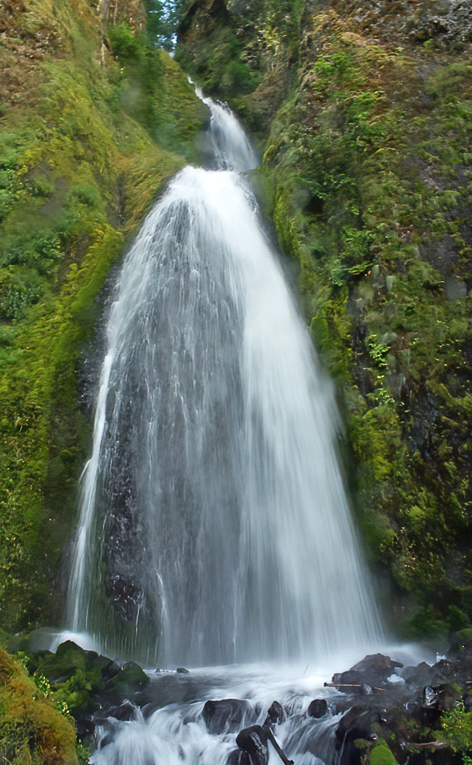 Nature's perfect cascade moment! Wahkeena Falls plunges dramatically between moss-covered cliffs, creating a scene straight out of a fantasy novel.