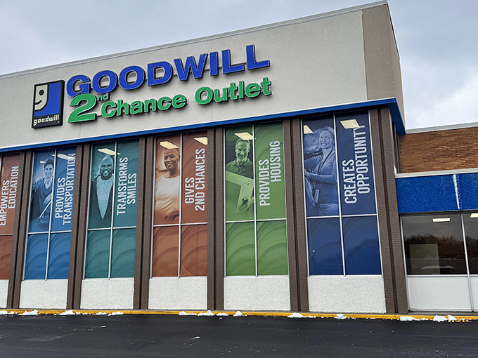 The blue and green signage of Goodwill's 2nd Chance Outlet beckons like a siren song to bargain hunters across Louisville.