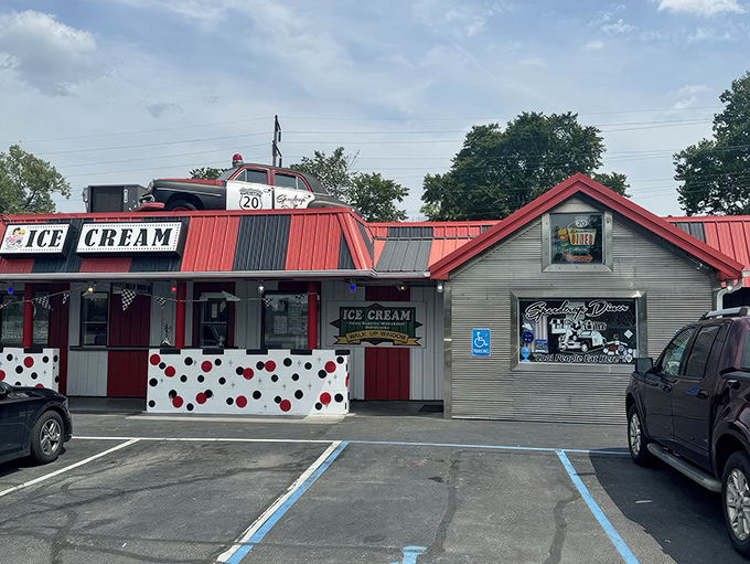 Where nostalgia meets appetite! The Speedtrap Diner's iconic police car perched on the roof serves as both landmark and loving warning to hungry travelers passing through Woodville.