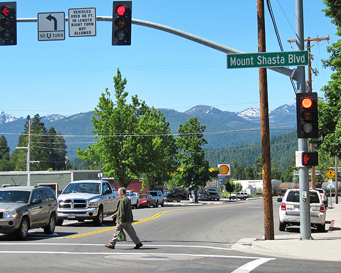 Mount Shasta Boulevard welcomes you with that classic small-town charm, where even the traffic lights seem to pause longer just to admire the mountain views.