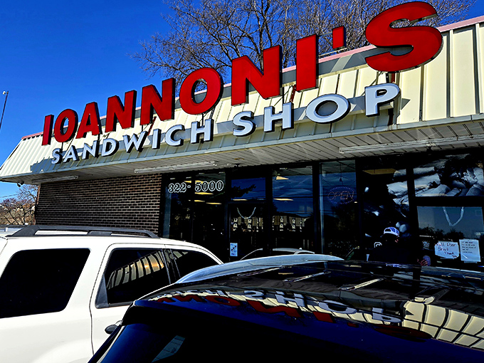 The red letters of Ioannoni's sign stand like a culinary lighthouse, guiding hungry souls to sandwich salvation in New Castle.