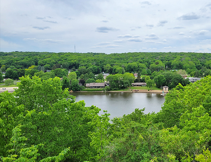 The Rock River valley unfolds like nature's welcome mat, with lush greenery stretching to the horizon. Illinois topography that defies the "flat state" stereotype.