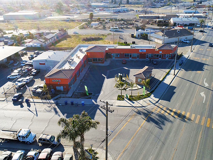 Aerial view of Huron's commercial district showcases the town's compact layout, where everything you need is just a short stroll away.