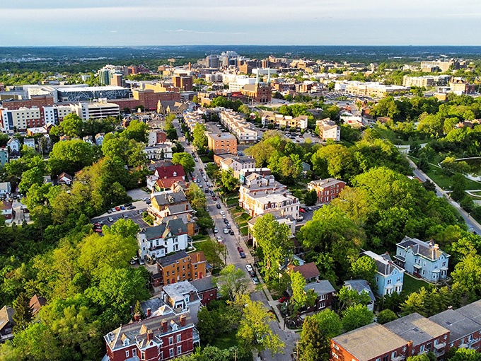Aerial view of Clifton showcases this charming Ohio town nestled among lush greenery, where history and nature create the perfect small-town symphony.