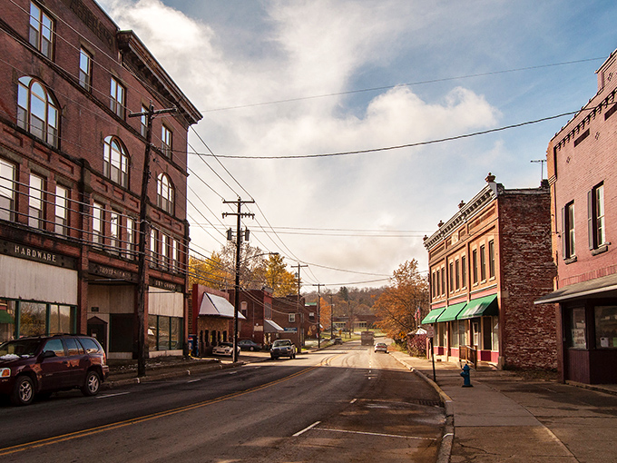 Historic brick buildings line Mount Jewett's Main Street, where time seems to slow down and the Allegheny Mountains provide a perfect backdrop.