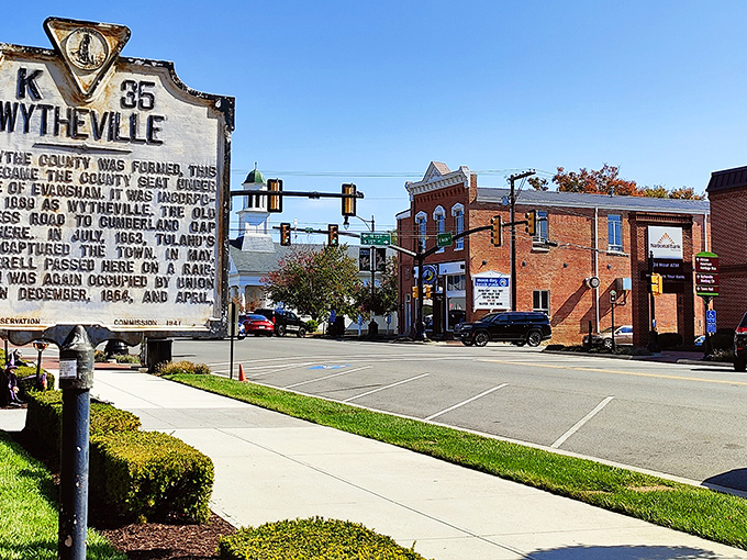 History meets present day at this iconic Wytheville intersection, where the historic marker reminds visitors they're standing in a place with stories to tell.