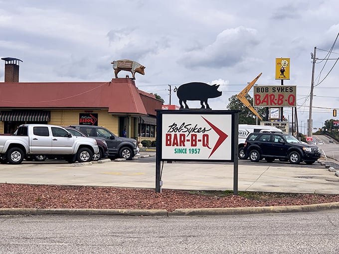 The silhouette of that pig on the sign isn't just decoration&mdash;it's a promise of what awaits inside. BBQ paradise since 1957.