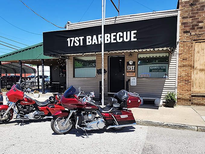 Motorcycles parked outside suggest a universal truth: good barbecue attracts all walks of life, from business suits to leather jackets.