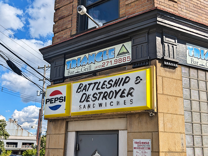The corner beacon of Swissvale announces itself with unmistakable pride: "BATTLESHIP & DESTROYER SANDWICHES." No false advertising here, folks.