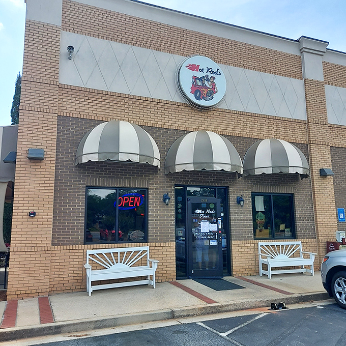 The classic brick exterior with striped awnings isn't trying to be trendy&mdash;it's too busy being timeless. Hot Rod's welcomes you like an old friend who's saved you a seat.