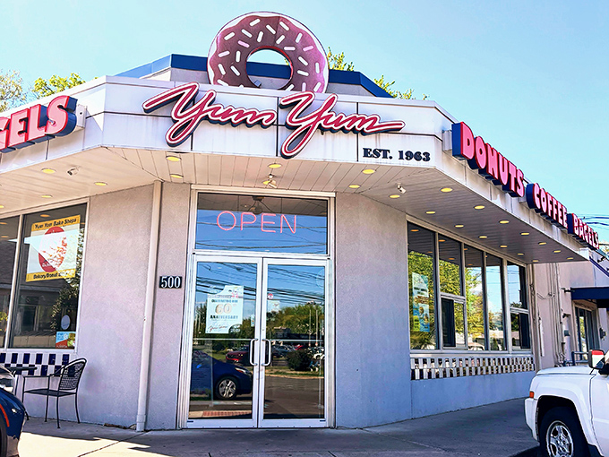 That iconic donut sign isn't just decoration &ndash; it's a beacon calling hungry souls to breakfast paradise.