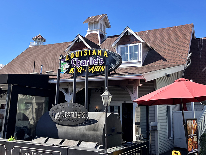 Louisiana Charlie's charming cottage-style exterior beckons hungry travelers with its peaked roof and welcoming porch&mdash;a little slice of New Orleans in sunny Long Beach.