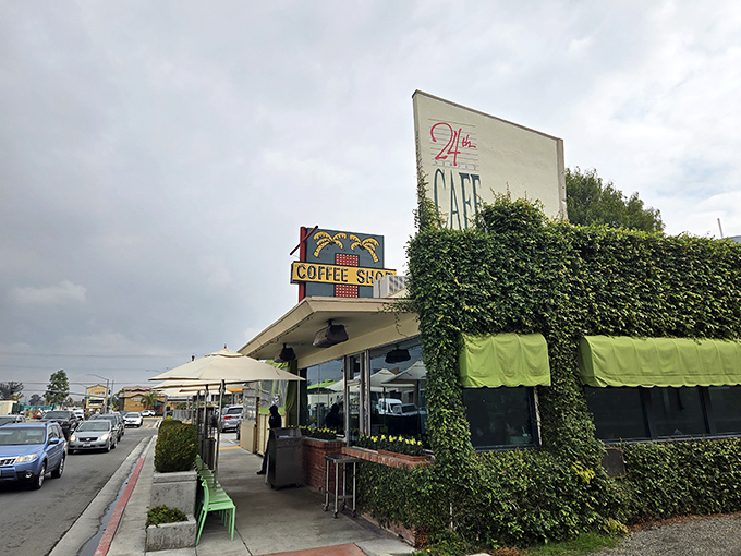 The ivy-covered exterior of 24th Street Cafe stands like a green oasis in Bakersfield, promising comfort food treasures behind its unassuming facade.