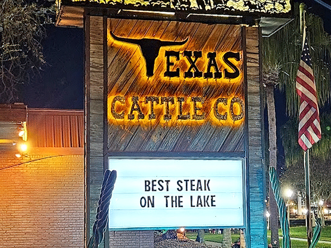 When a restaurant's sign glows this invitingly at night, it's like a beacon calling to steak lovers everywhere. "Best steak on the lake" isn't bragging if it's true.