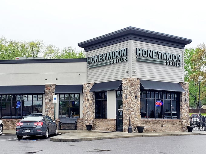 The stone-accented exterior of Honeymoon Grille stands like a breakfast beacon in Akron, promising morning magic without the pretension.