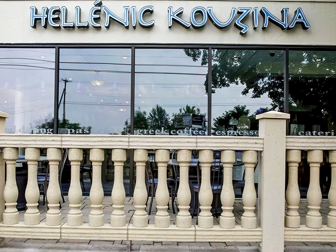 A modern Greek oasis in suburban Pennsylvania. The clean white exterior of Hellenic Kouzina promises Mediterranean magic without the passport hassle.